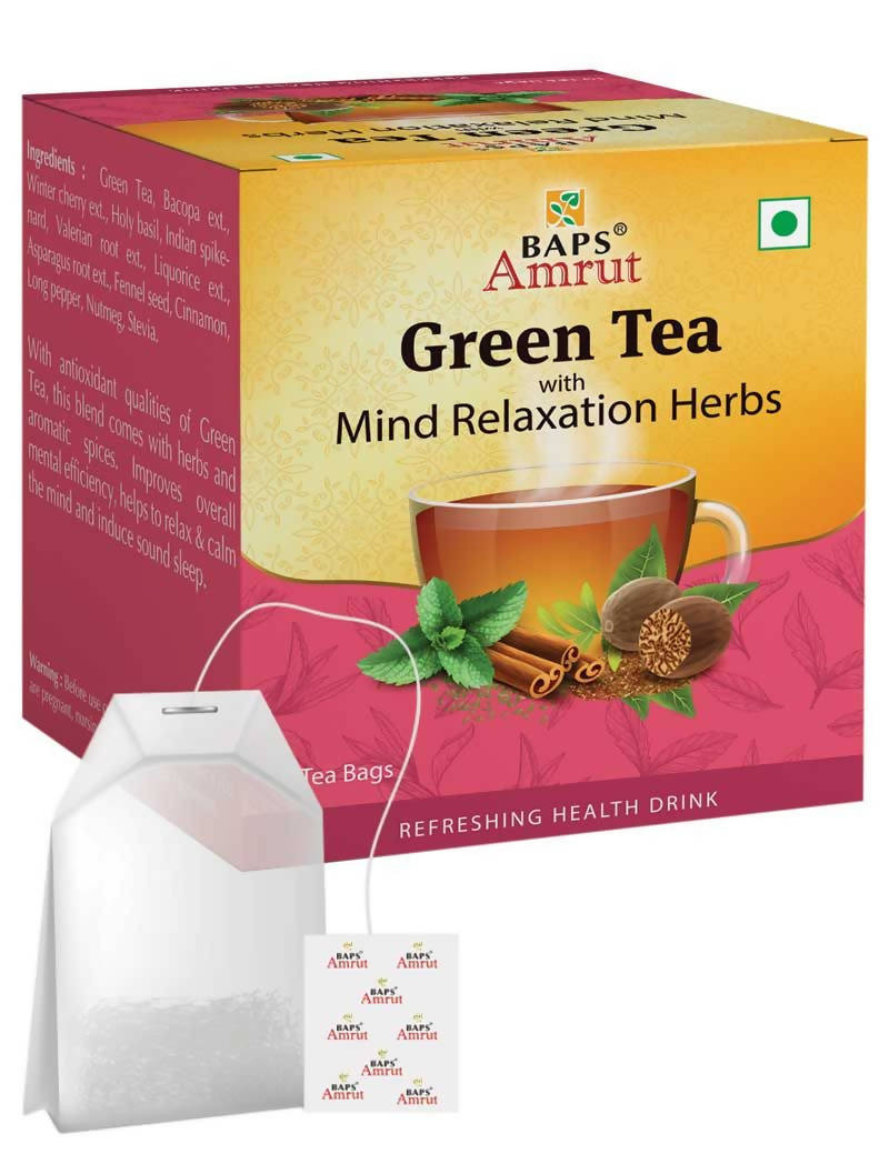 Baps Amrut Green Tea With Mind Relaxation Herbs - 10 bags - Veeha Foods
