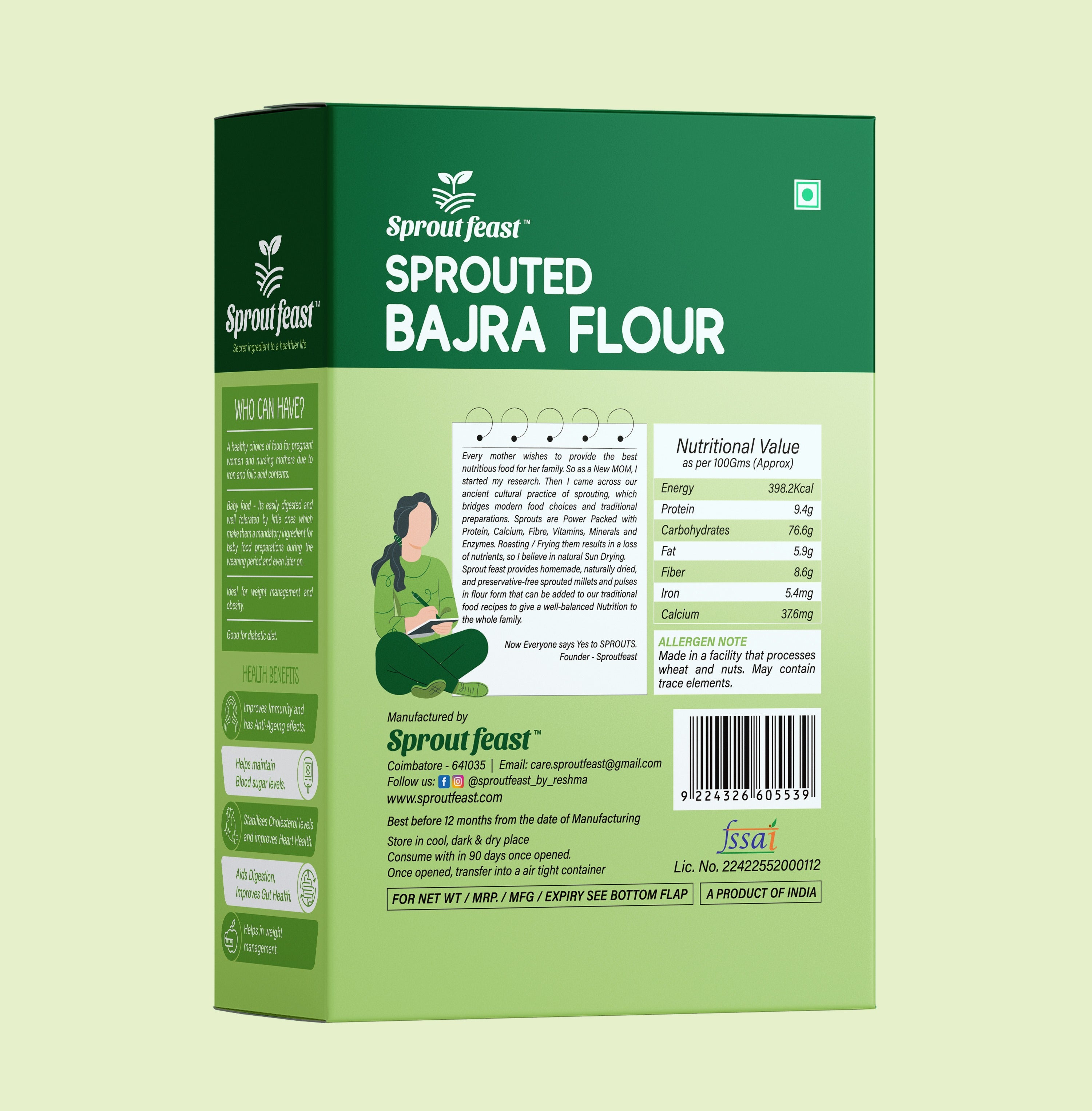 Sproted Feast Sprouted Bajra Flour - 800 gms - Veeha Foods