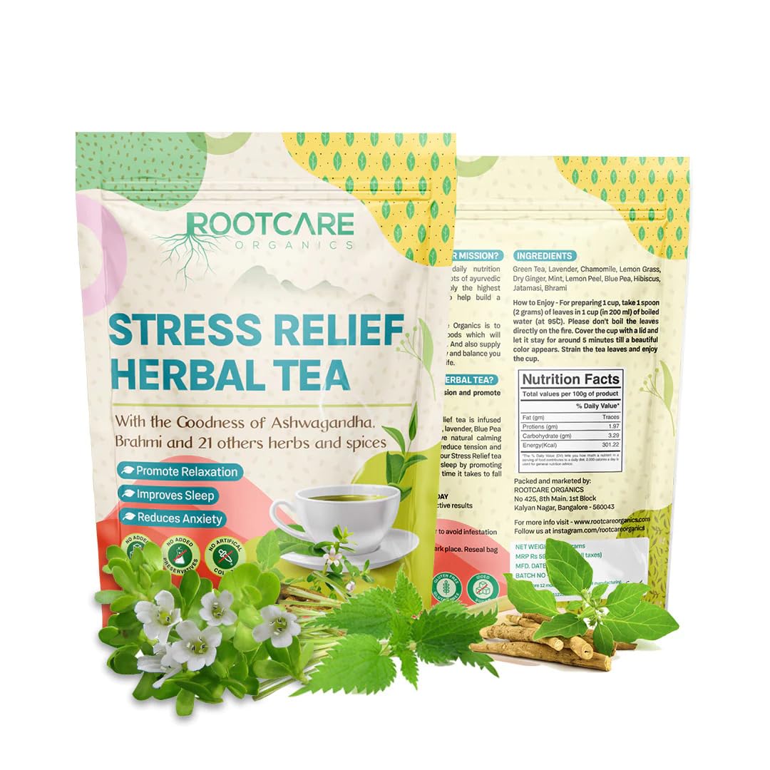 Rootcare Organics Calming Stress Relief Herbal Tea - 100 gms - Veeha Foods