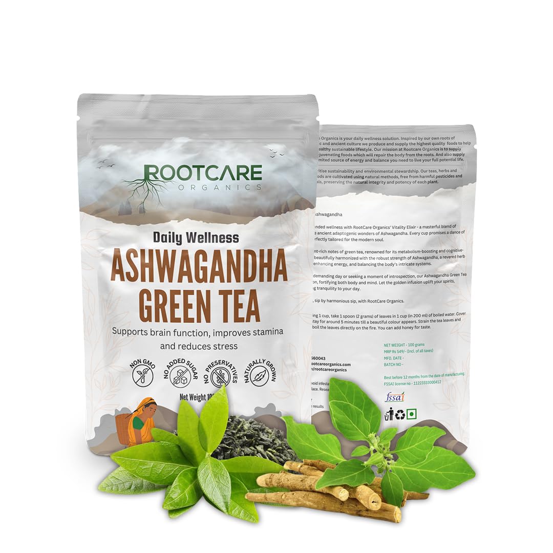Rootcare Organics Ashwagandha Green Tea - 100 gms - Veeha Foods