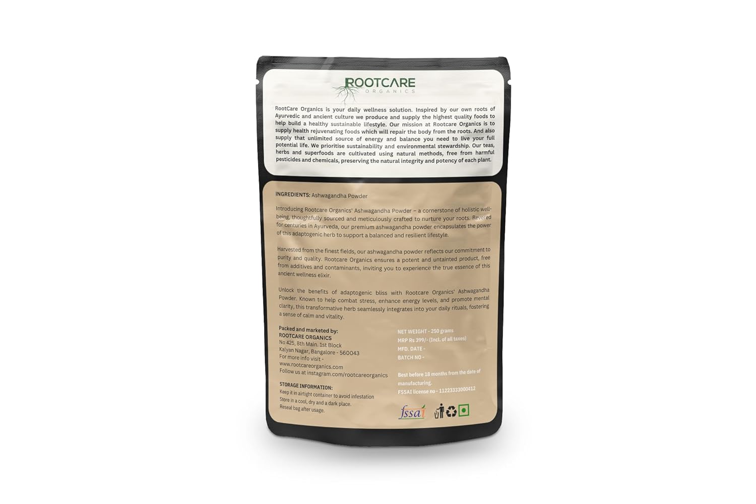 Rootcare Organics Ashwagandha Powder - 250 gms - Veeha Foods