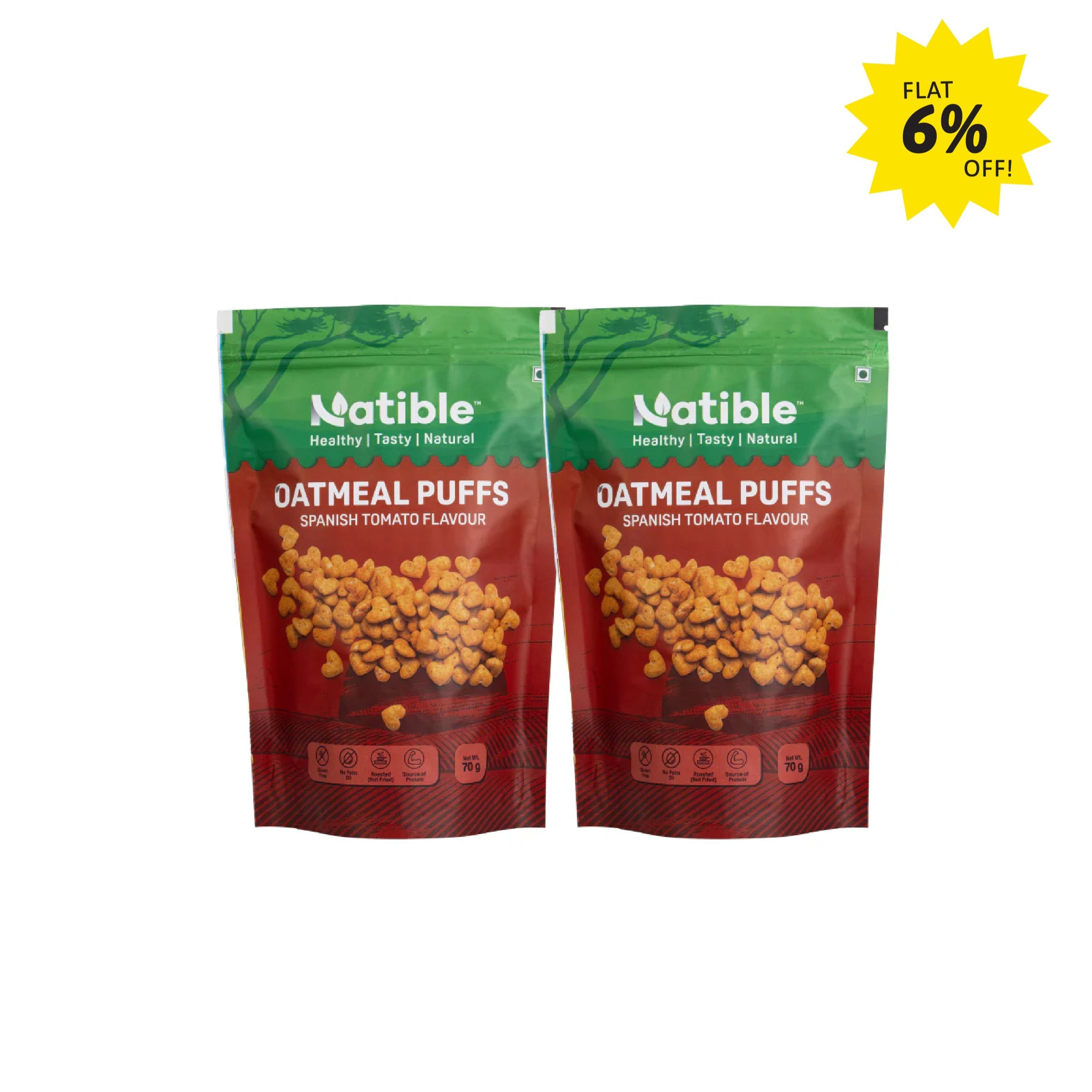 Natible Spanish Tomato Oatmeal Puffs 70 gms Each (Pack of 2) - Veeha Foods