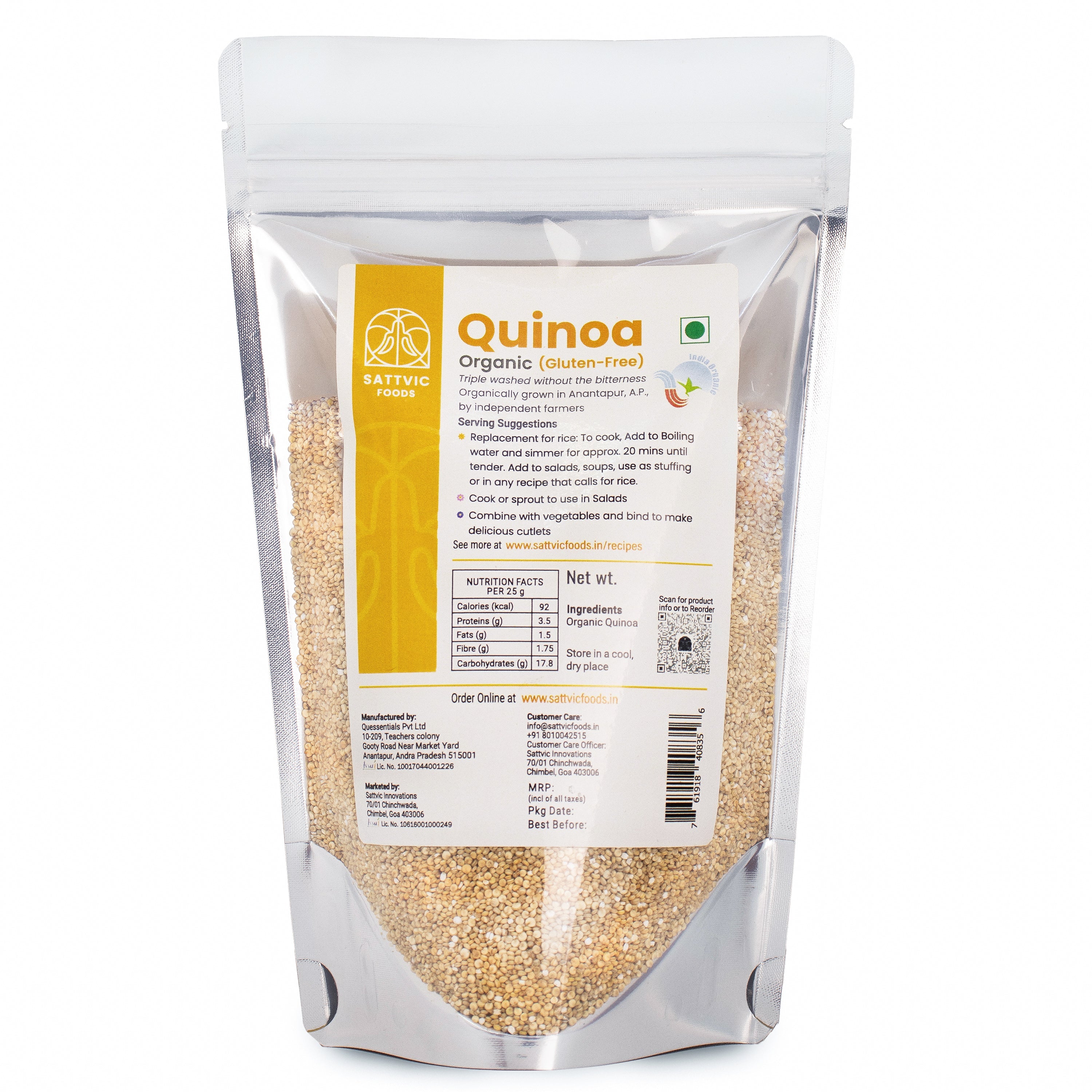 Sattvic Foods Organic Quinoa | Gluten-free | Low Glycemic Index - Veeha ...