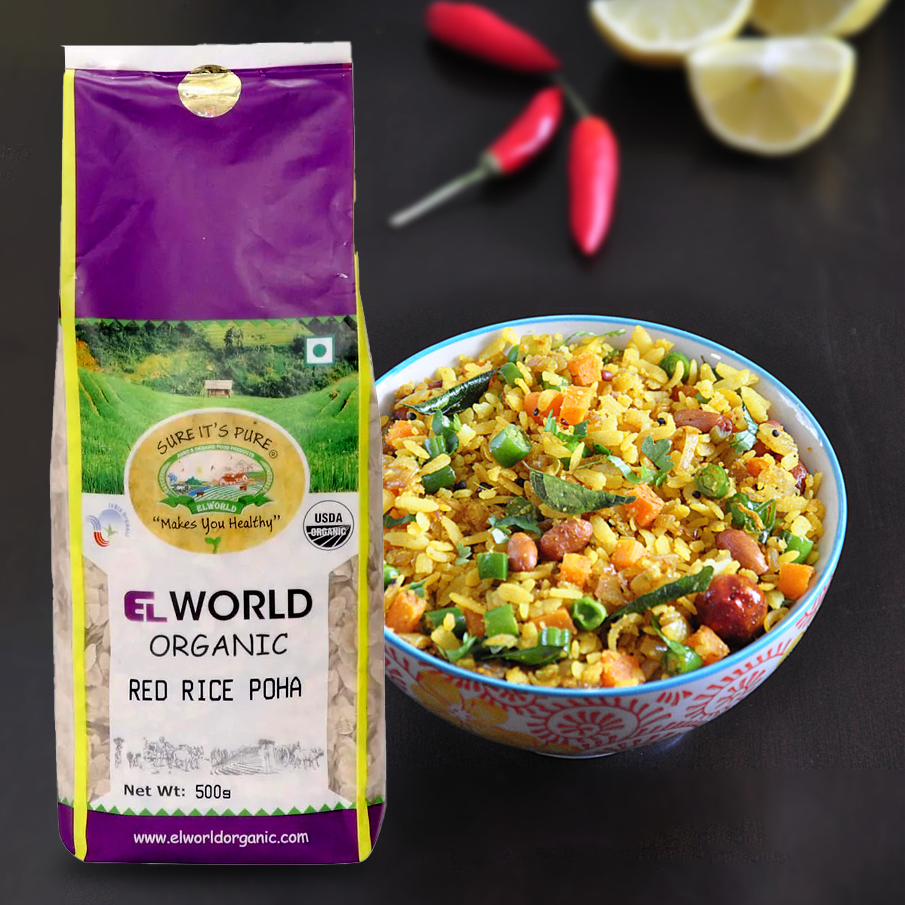 Elworld Agro & Organic Food Products Red Rice Poha - 500 gms - Veeha Foods