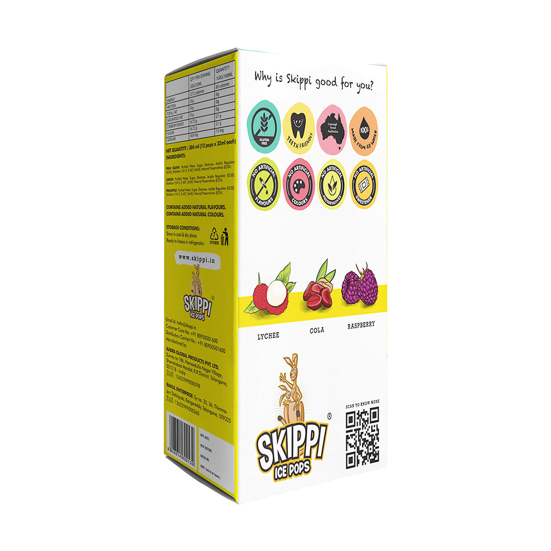 Skippi Yellow Box of Cola, Lychee, Raspberry Flavor Small Pack of Skip ...