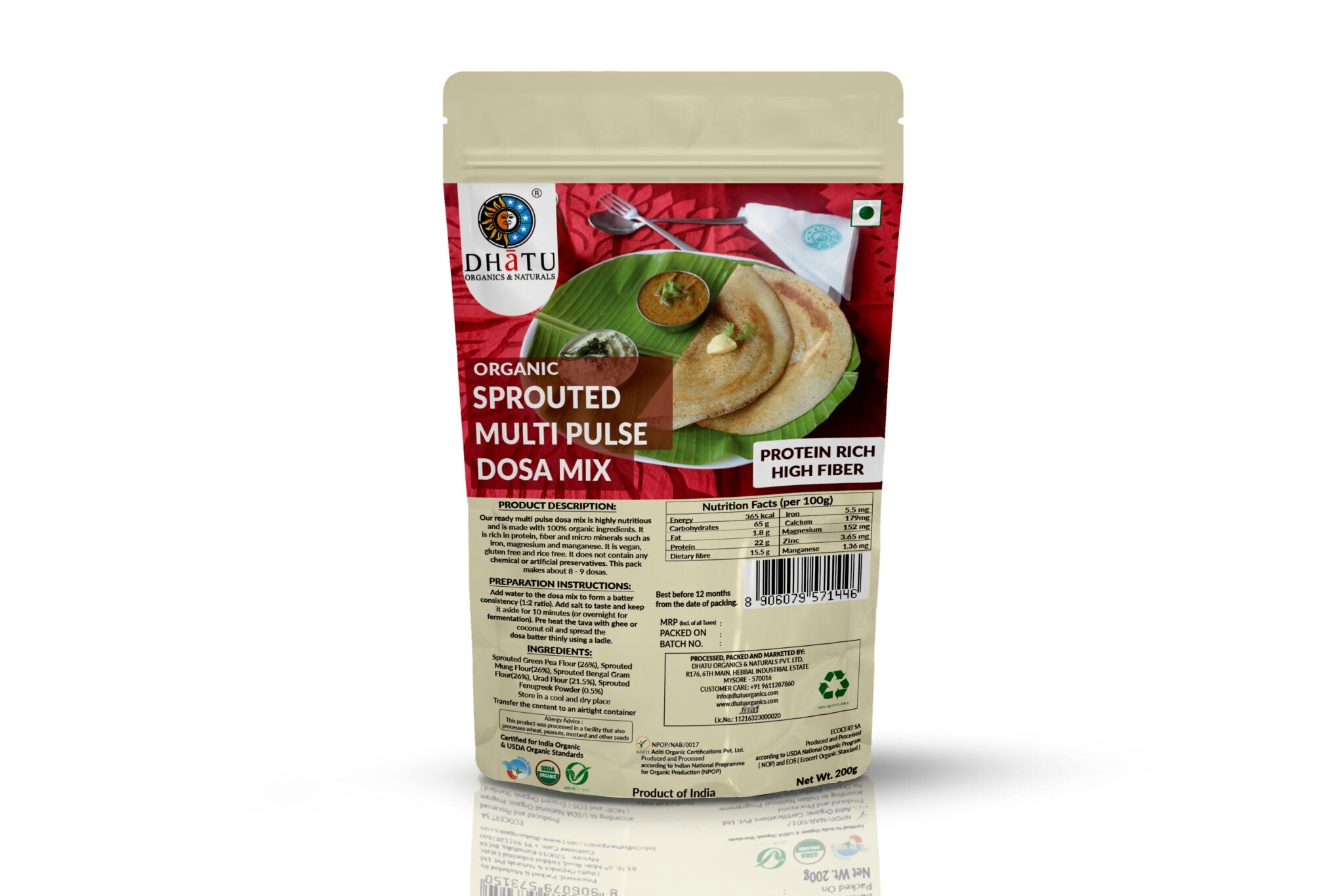 Dhatu Sprouted Pulse Dosa Mix - 200 gms - Veeha Foods