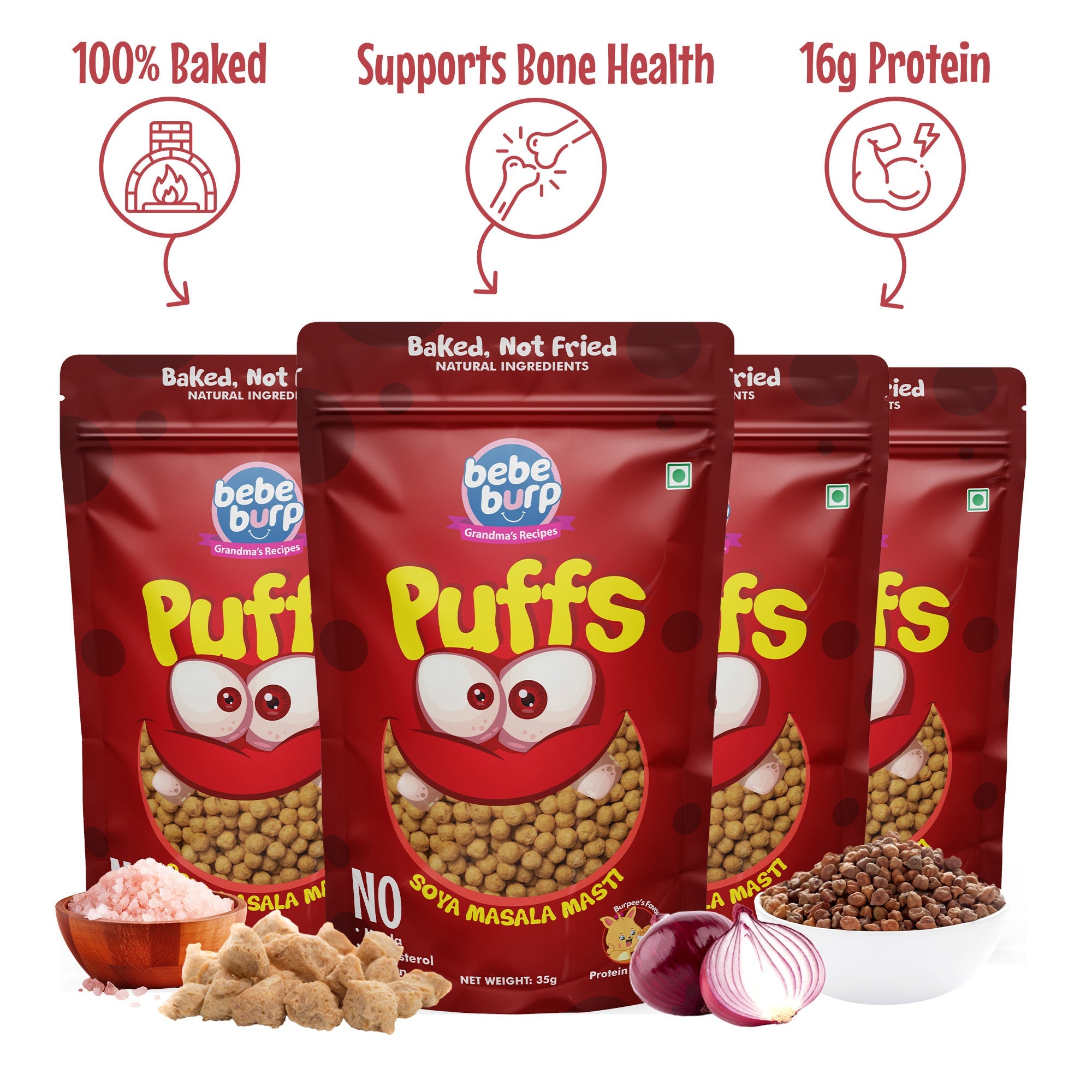 Bebe Burp Soya Masala Masti Puff - 35 gms (Pack of 4) - Veeha Foods