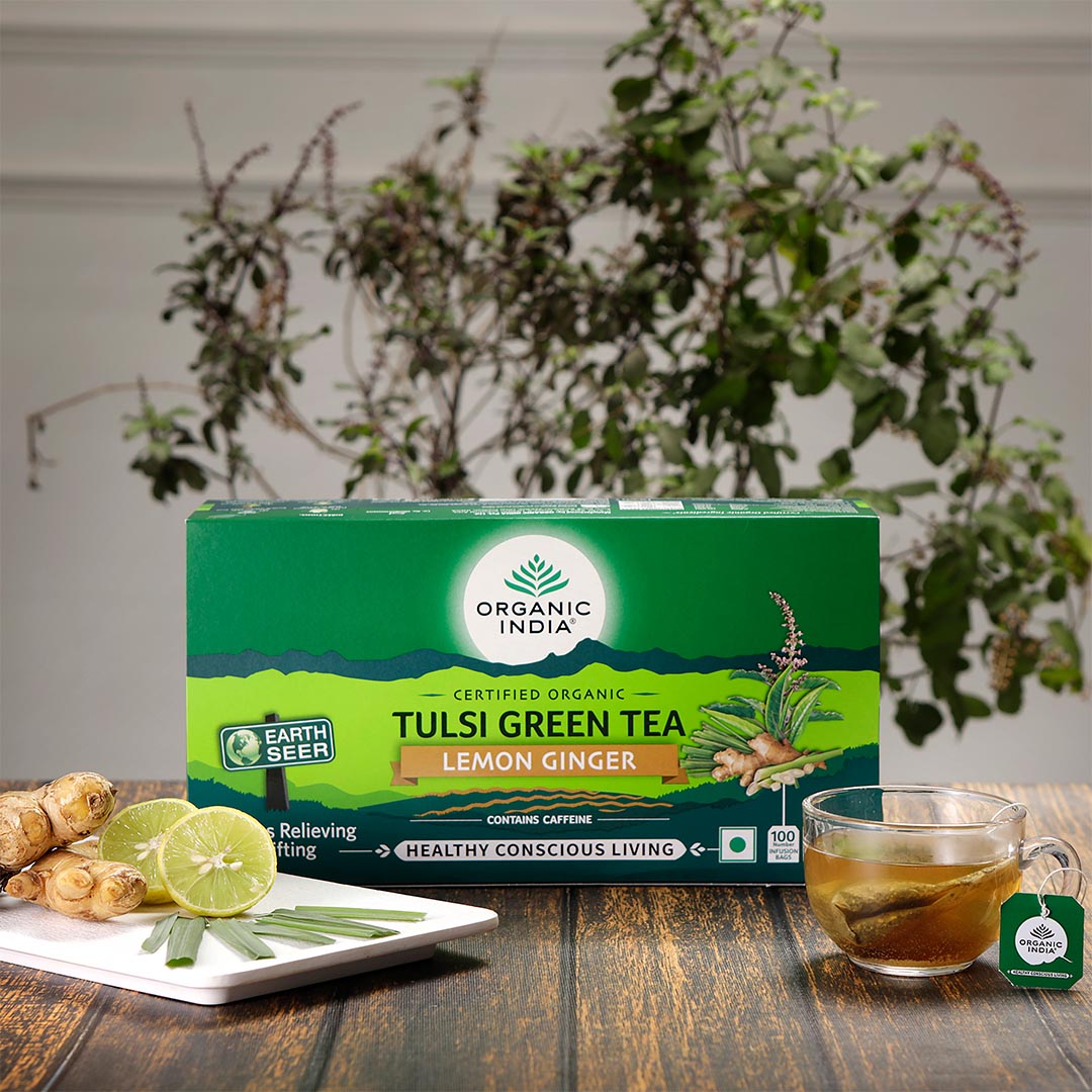 Organic India Tulsi Green Tea Lemon Ginger - 100 Teabags - Veeha Foods