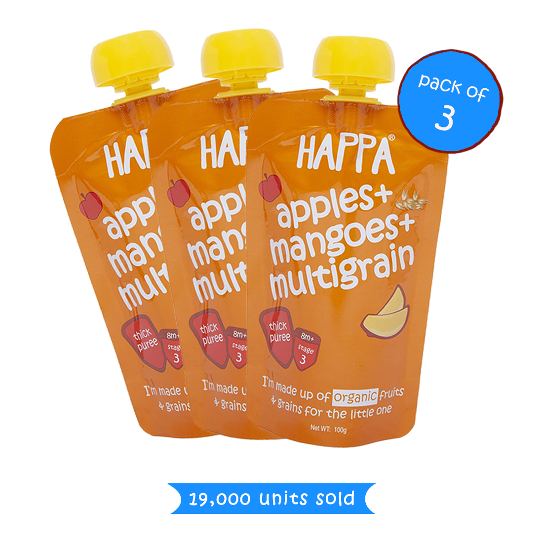 Happa Apple+Mango+ Multigrain Fruit Puree (Pack of 3) - Veeha Foods