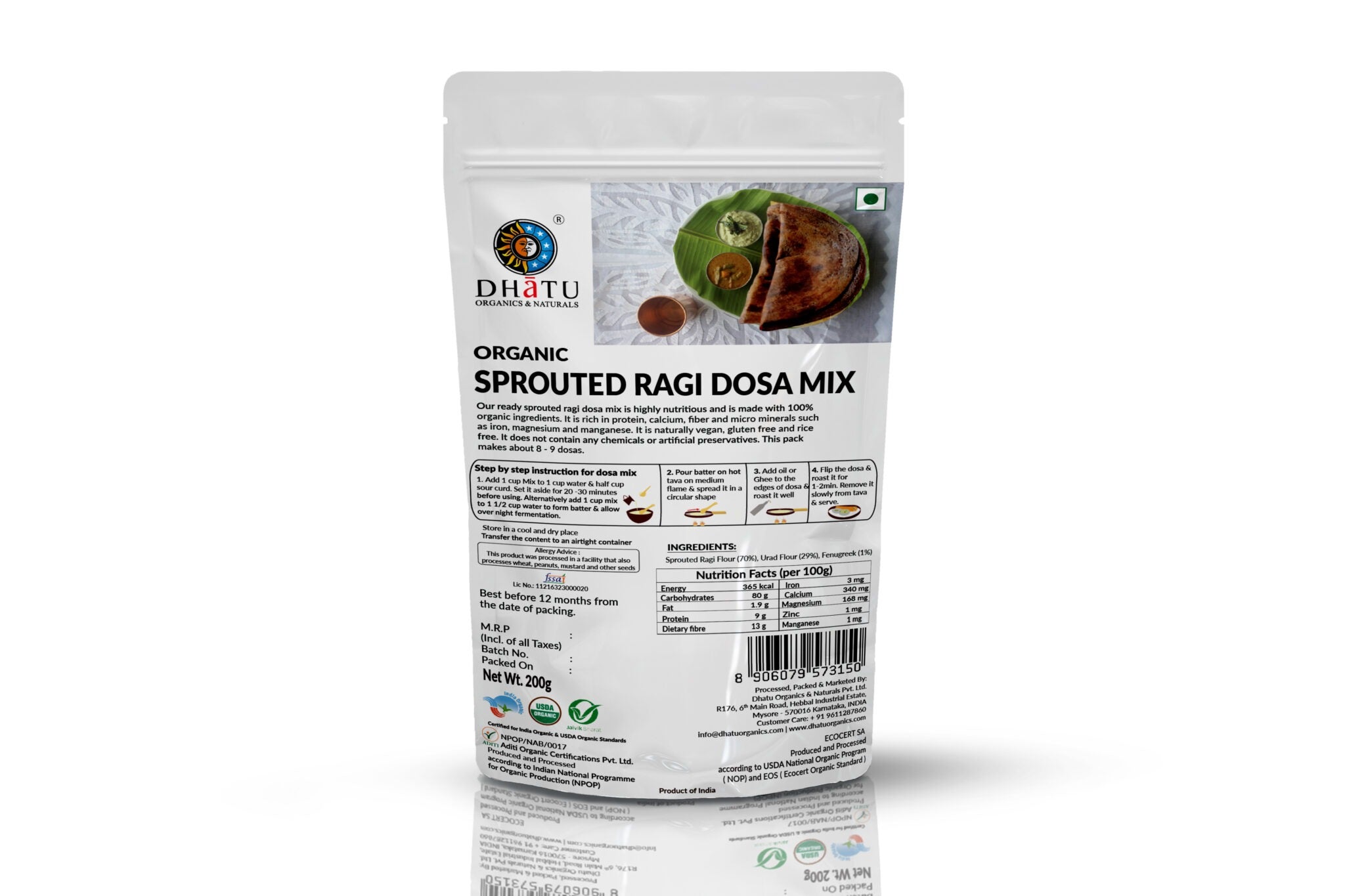 Dhatu Sprouted Ragi Dosa Mix - 200 gms - Veeha Foods